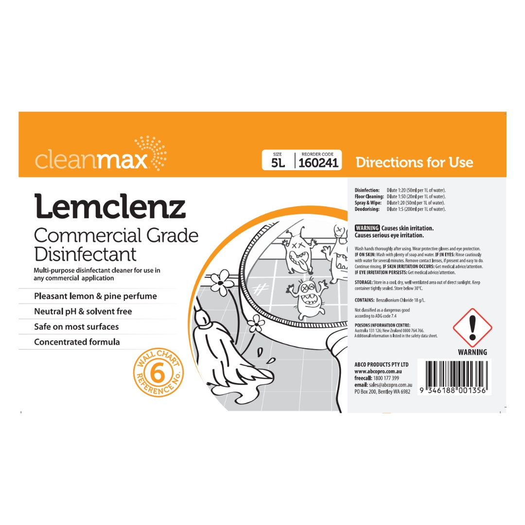 Cleanmax Disinfectant Lemclenz Label 5L Each
