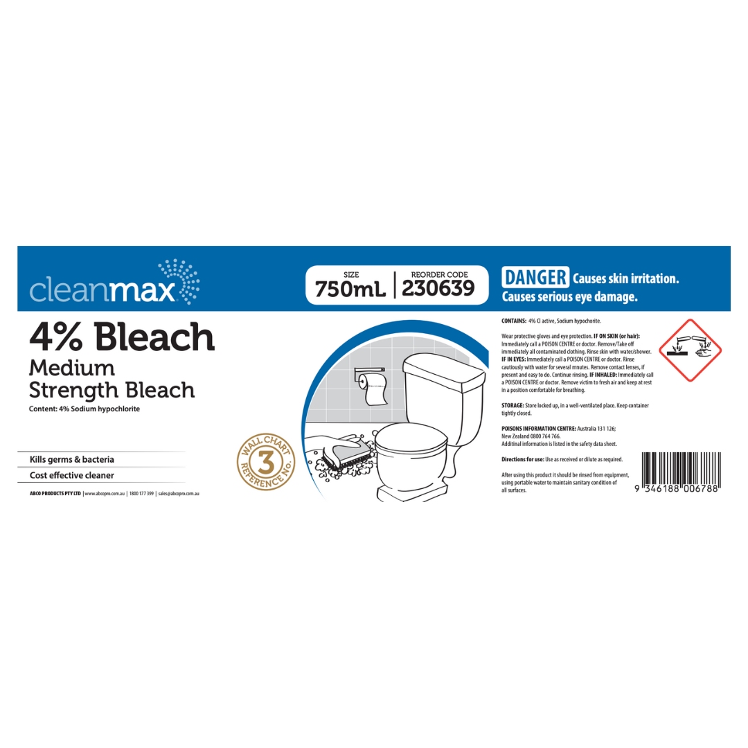 Cleanmax 4% Bleach Label 750ml Each